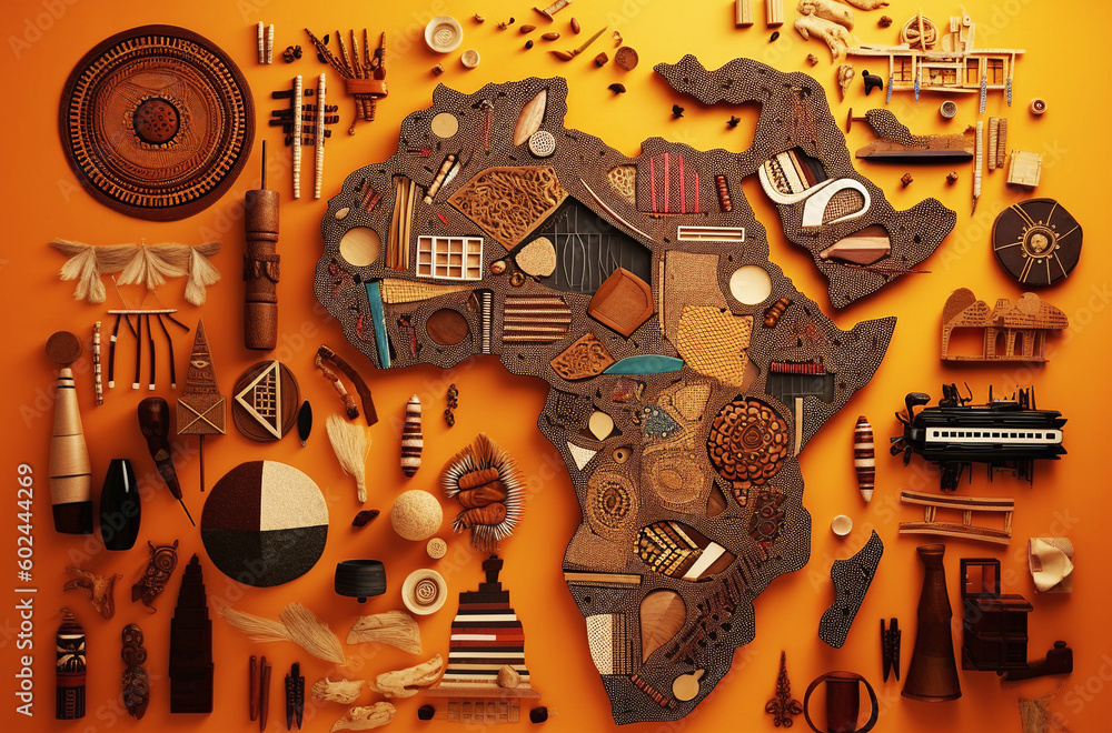 Africa map formed by African cultural elements. Generative AI. Stock ...