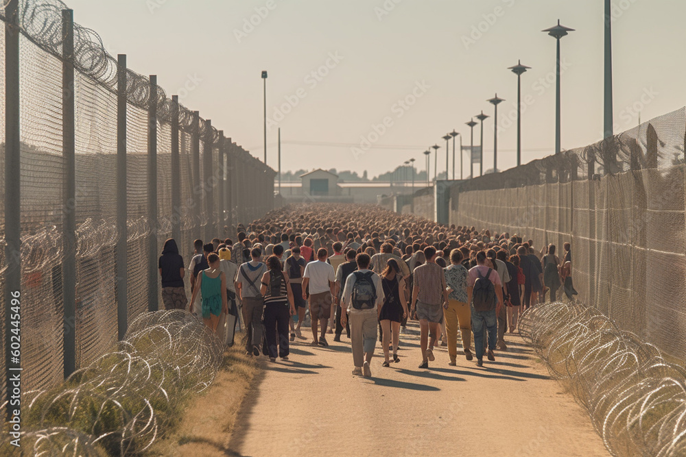 Ilustrace „abstract fictional people at a high fence, at a fictional ...