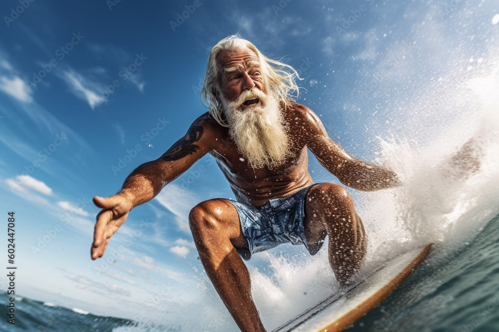 old man on surfboard, surfing waves, sporty retired retired old man ...