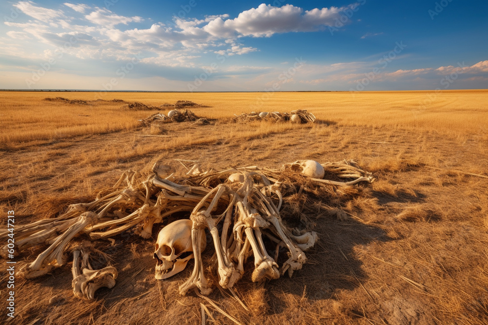 bones and skeleton, human skeleton and skull, skull bones in desert on ...