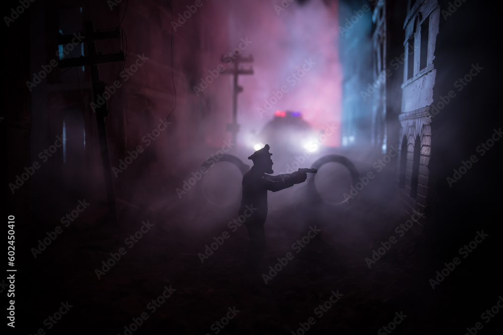 Police raid at night and you are under arrest concept. Silhouette of ...