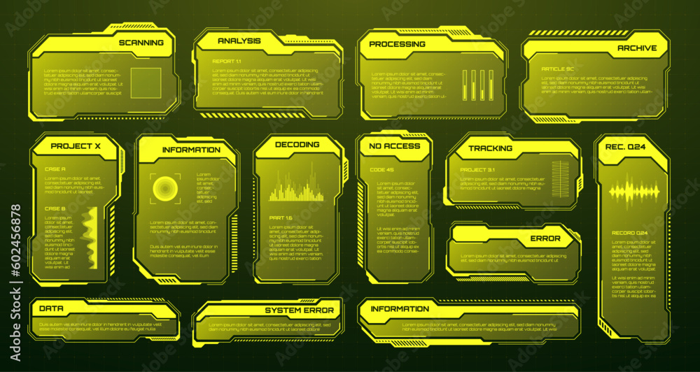 Yellow futuristic HUD, UI elements. Sci-fi user interface text boxes ...