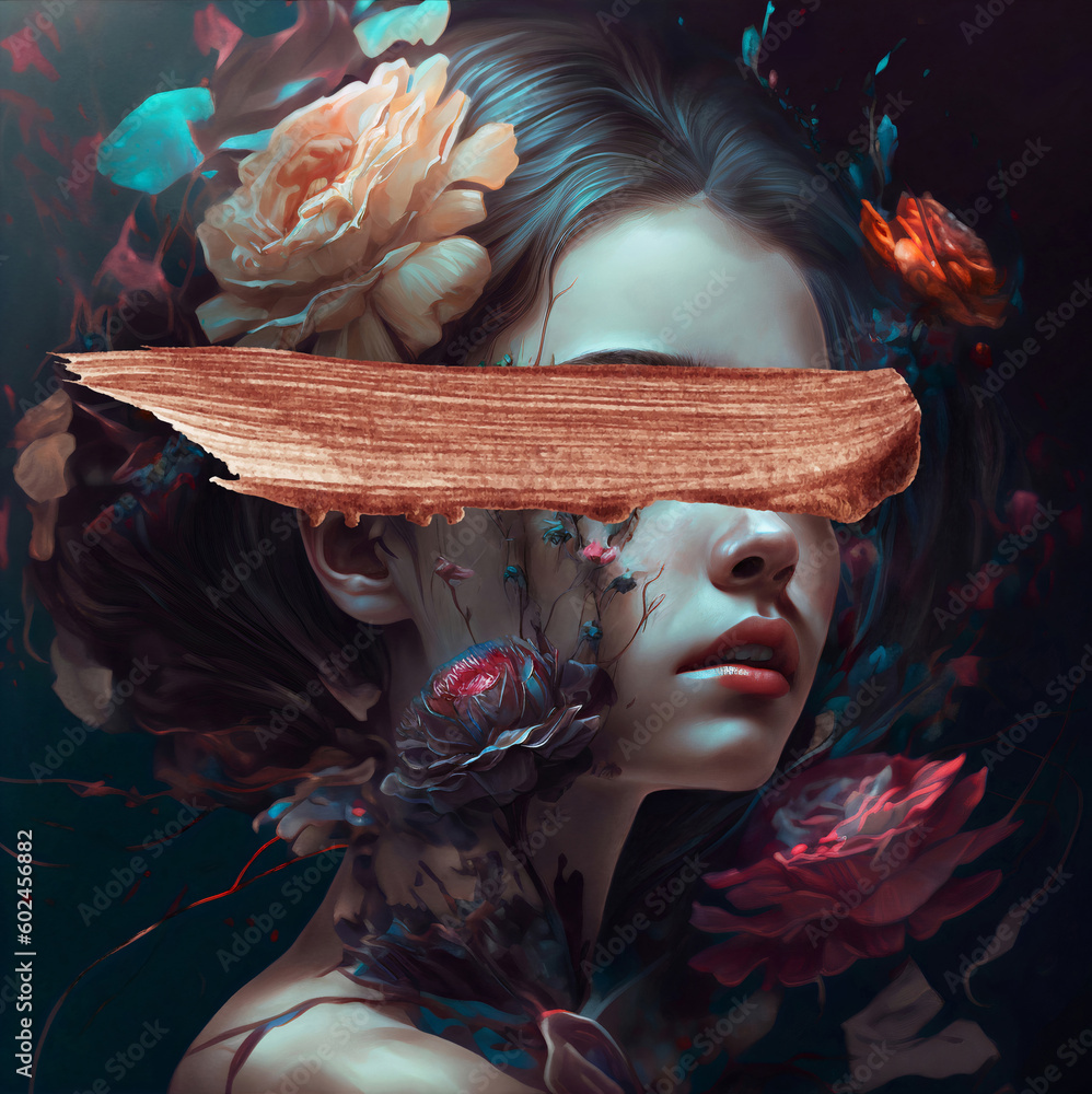 Wallpaper of a beautiful girl merged with flowers, branches, roses, and ...