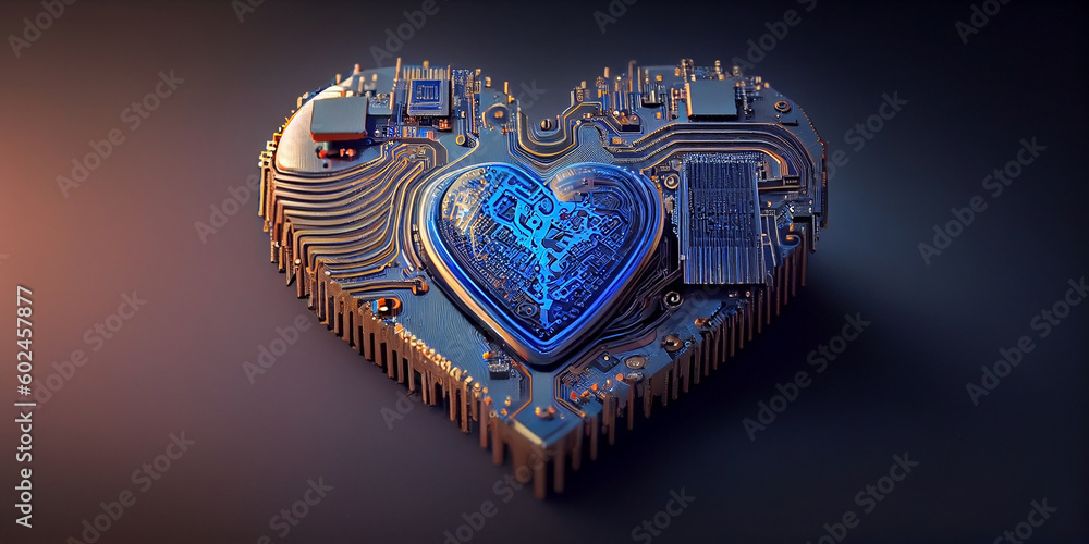 glowing microprocessor heart on a printed circuit board. Generative AI Stock Illustration ...