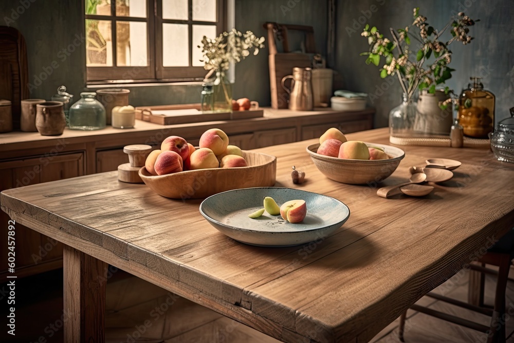 Vacant rustic table with wooden utensils, dishes, and an apple ...