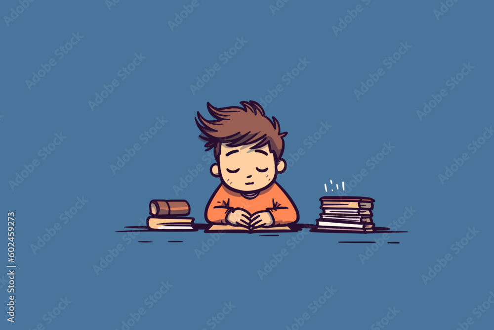 Doodle inspired Boy studying, cartoon sticker, sketch, vector ...