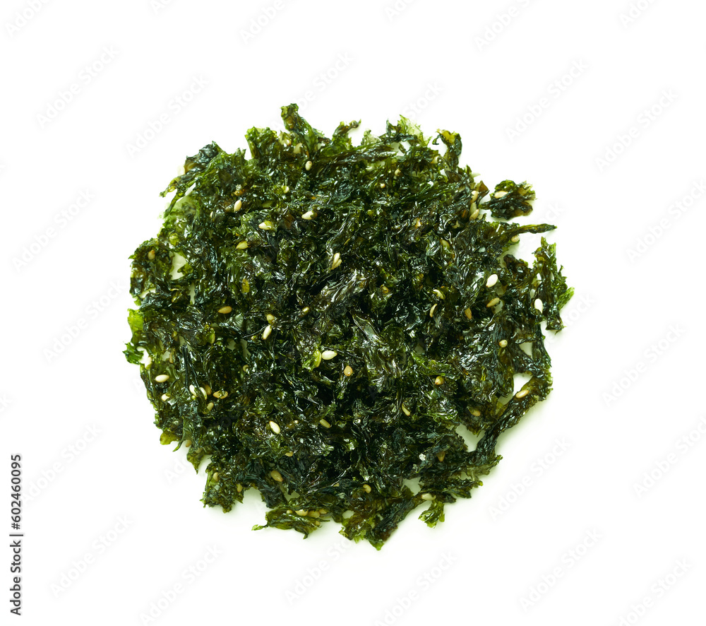 top view overhead roasted nori seaweed and sesame topping isolated on ...