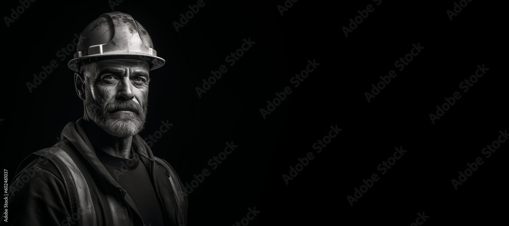Black and white photorealistic studio portrait of a construction worker ...