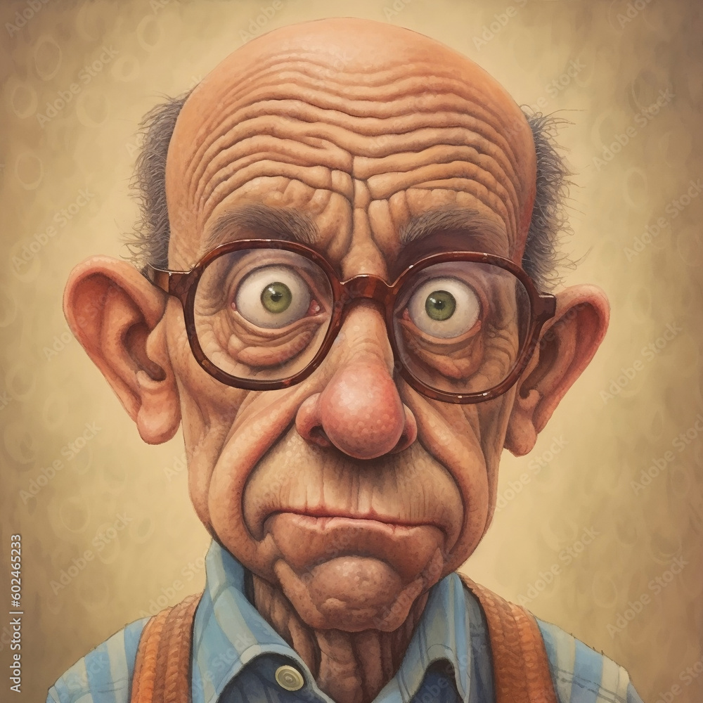Caricature of a wrinkly old man with glasses. Big eyes, nose and ears ...