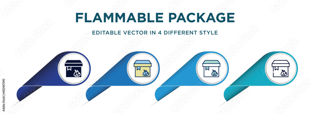 flammable package icon in 4 different styles such as filled, color, glyph, colorful, lineal ...
