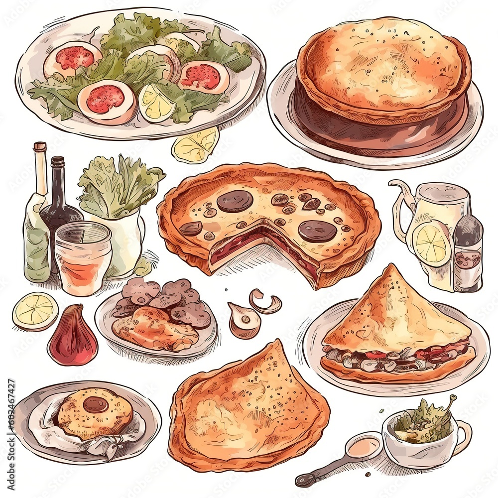 A cartoon-style illustration of a detailed French cuisine breakfast set ...