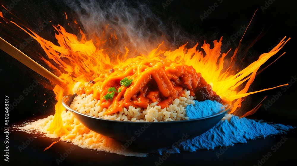 Fried rice or nasi goreng hot and spicy exploding, Generative AI Stock ...