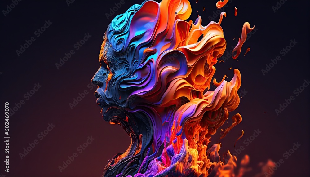 fluid flaming figure silhouette of orange and purple and blue demonic ...
