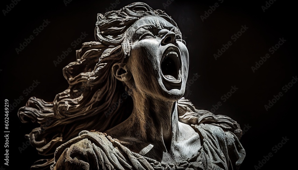 Sculpture of woman screaming white on dark background tragic and ...
