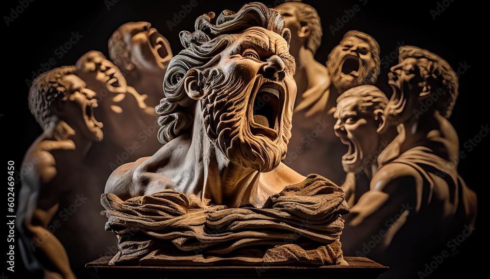 Sculpture of a man screaming loudly in unbearable suffering warm light ...