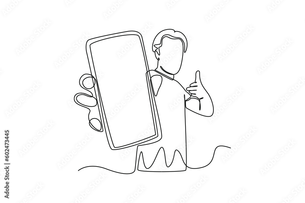 Continuous one line drawing Happy people showing mobile phone screens ...