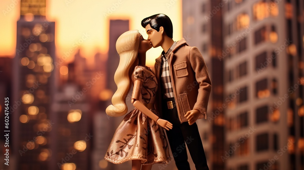 Two dolls in love kissing each other on a blurred city background ...