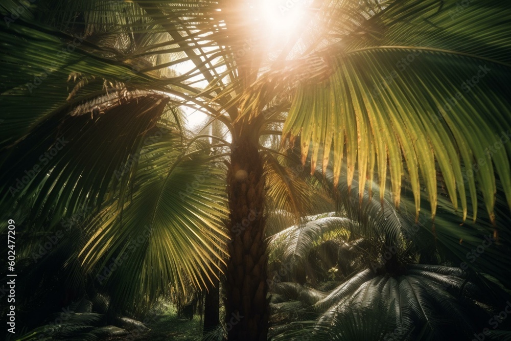Morning sun shines on a palm tree in a palm garden amongst beautiful ...