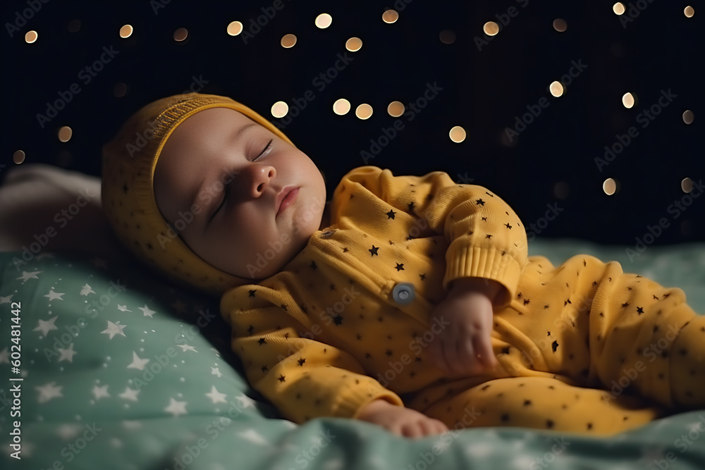 Baby sleeping in baby yellow clothes lying on the bed at night, stars ...
