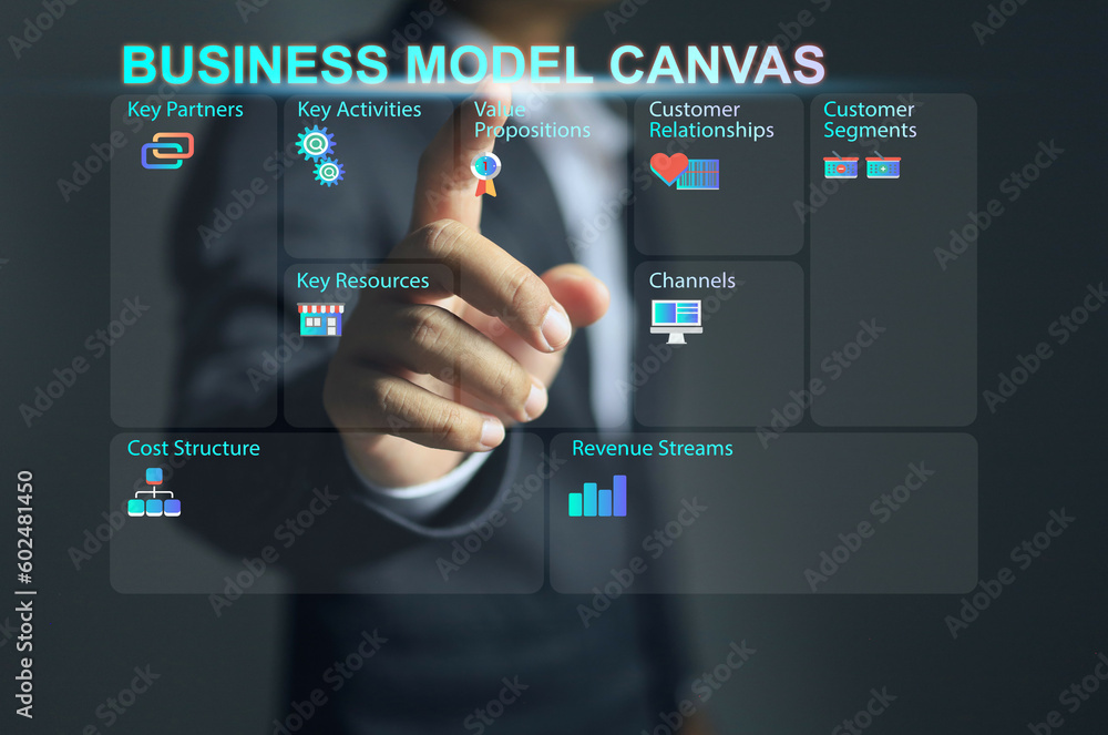 Business people pointing to the business model canvas or BMC tools ...