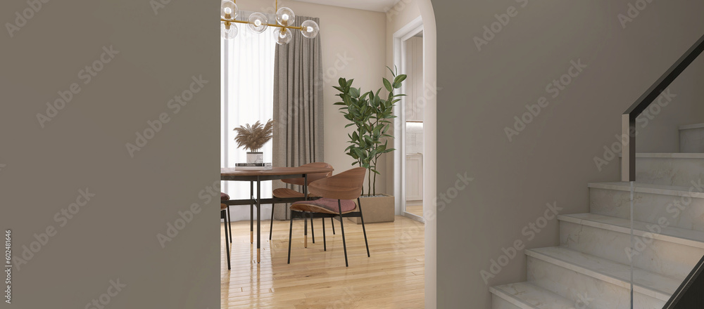 Smooth arch doorway on blank beige wall, marble floor, stairway to ...