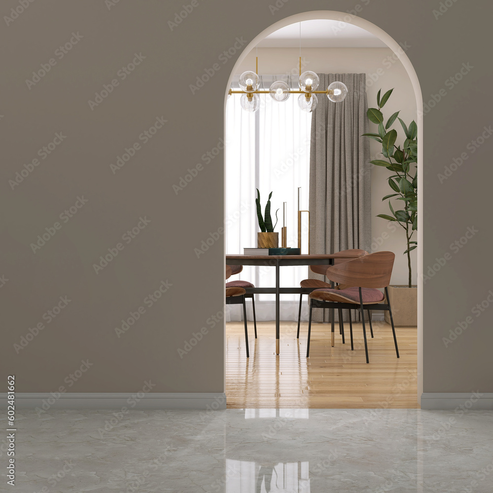Smooth arch doorway on blank beige wall, marble floor to dining room ...