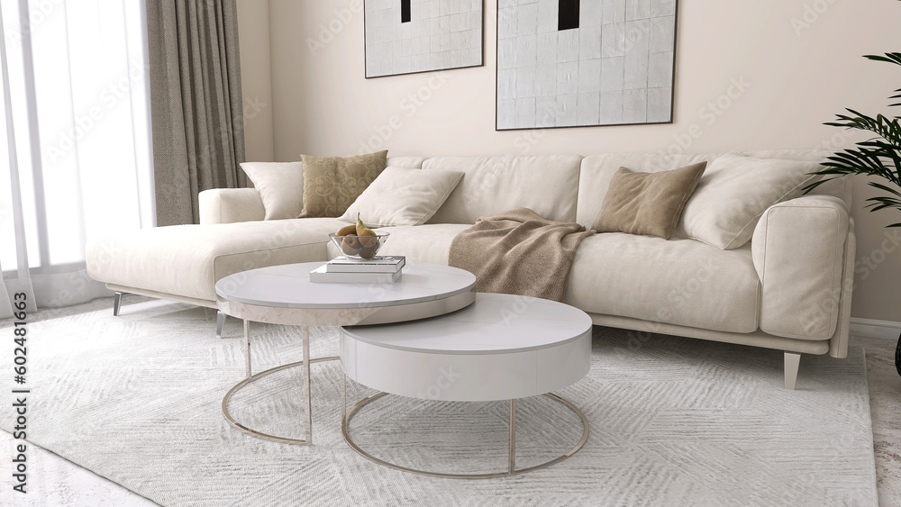 Two layer round white marble top coffee table, beige corner sofa on ...