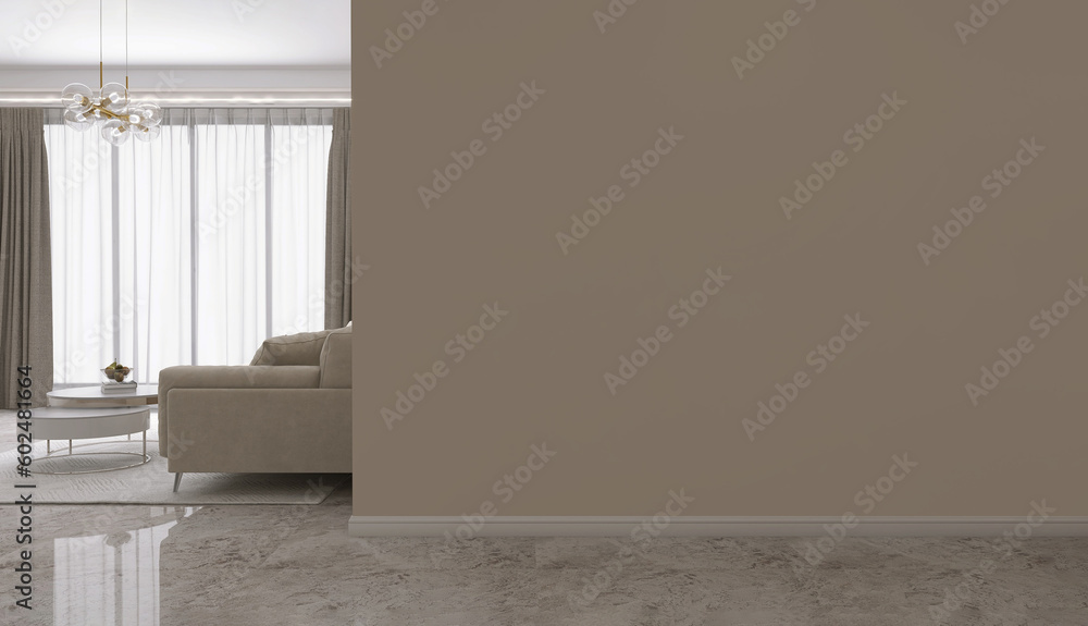 Blank beige brown corner wall, living room with corner sofa, round ...