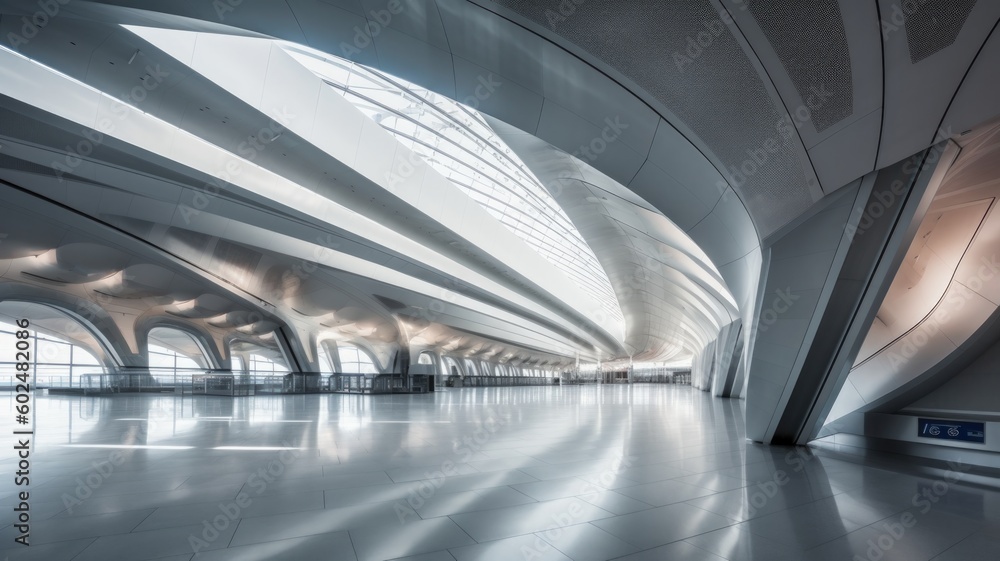 A modern and minimalist architecture. Interior of a spacious station ...