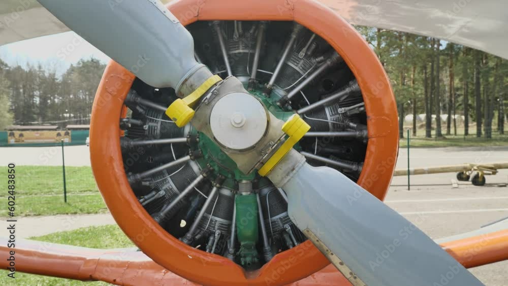 Engine and propeller of a small aircraft. The 9-cylinder aircraft ...