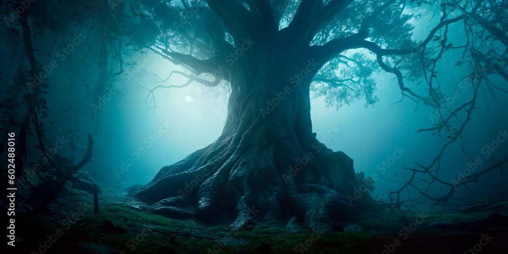 mystical forest scene, featuring an ancient tree with glowing runes ...