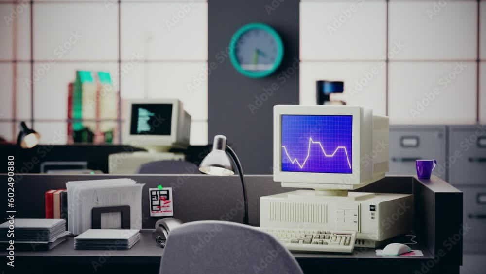 90s Office Desk - Big Old Computer with CRT monitor. Lamp, Phone, and ...