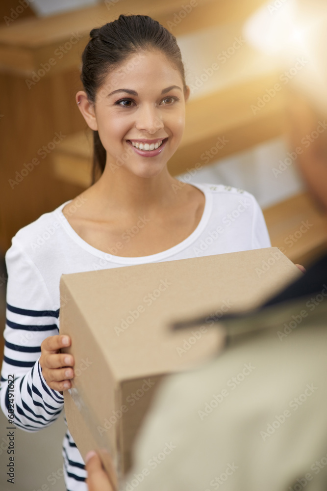 Zdjęcie Stock: Delivery, box and woman with shipping service, courier ...