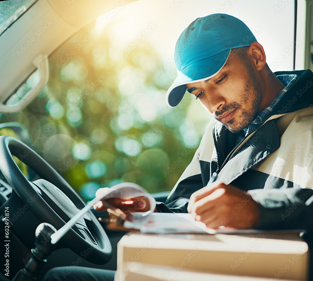 Writing, delivery and checklist with man in car for courier, logistics ...