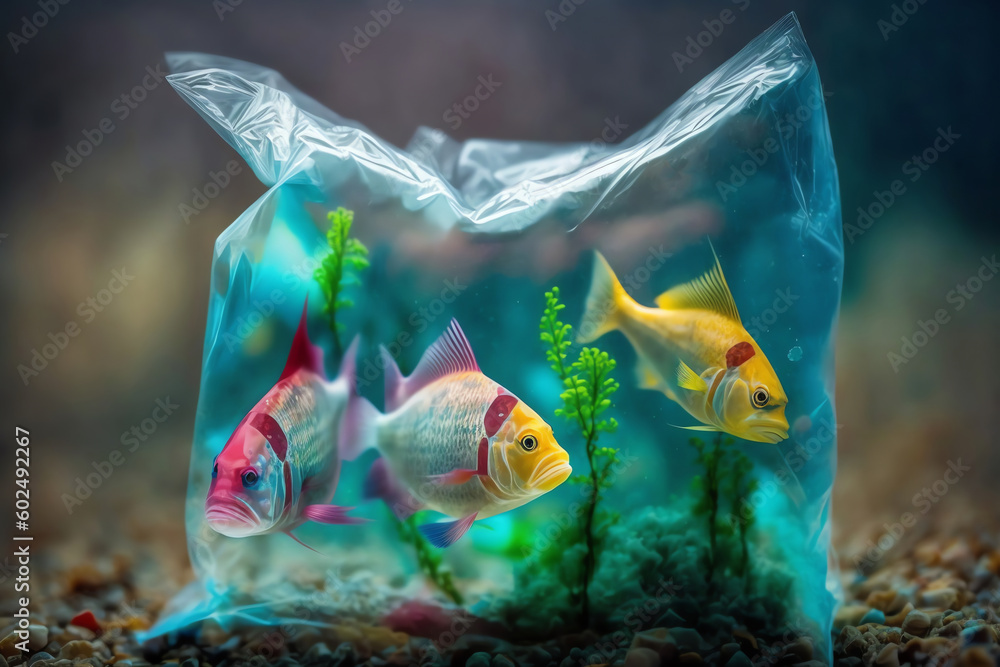 Fish swimming in water in transparent plastic bag. Aquarium fish. Sad ...