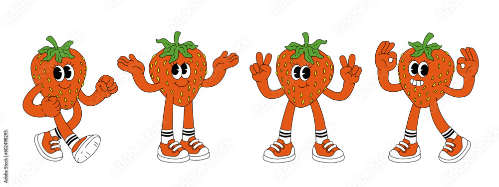 Fruit retro funky cartoon characters. Comic mascot of strawberry with ...