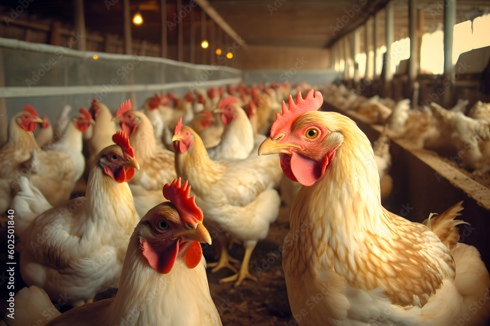 Poultry farm broiler farm with a group of adult laying hens in a modern ...