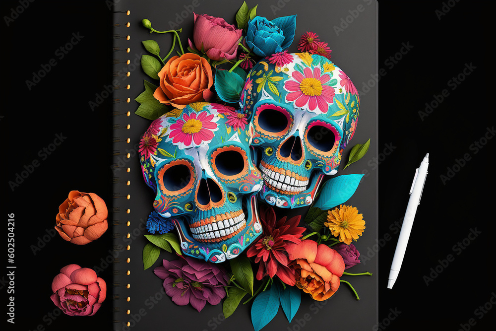 empty open notepad, copyspace, mexican vibrant, black background, Cinco ...