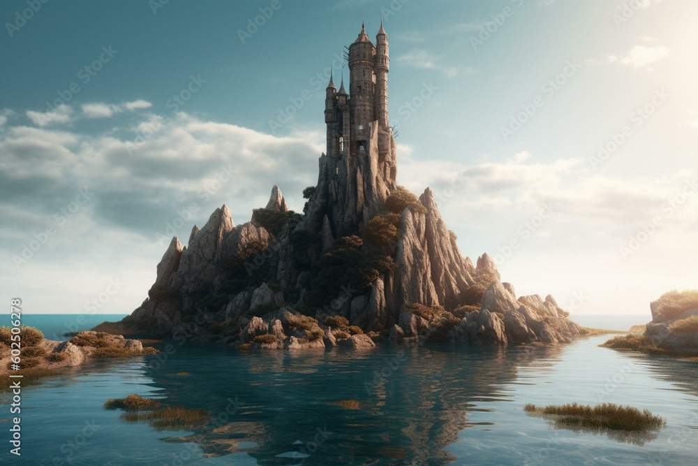 Enigmatic tower atop coastal lagoon, bounded by spiky cliffs. Inspiring ...