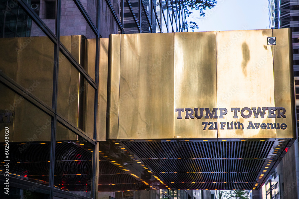 2023-04-20 New York USA Low angle of the gold facade of Trump Tower ...