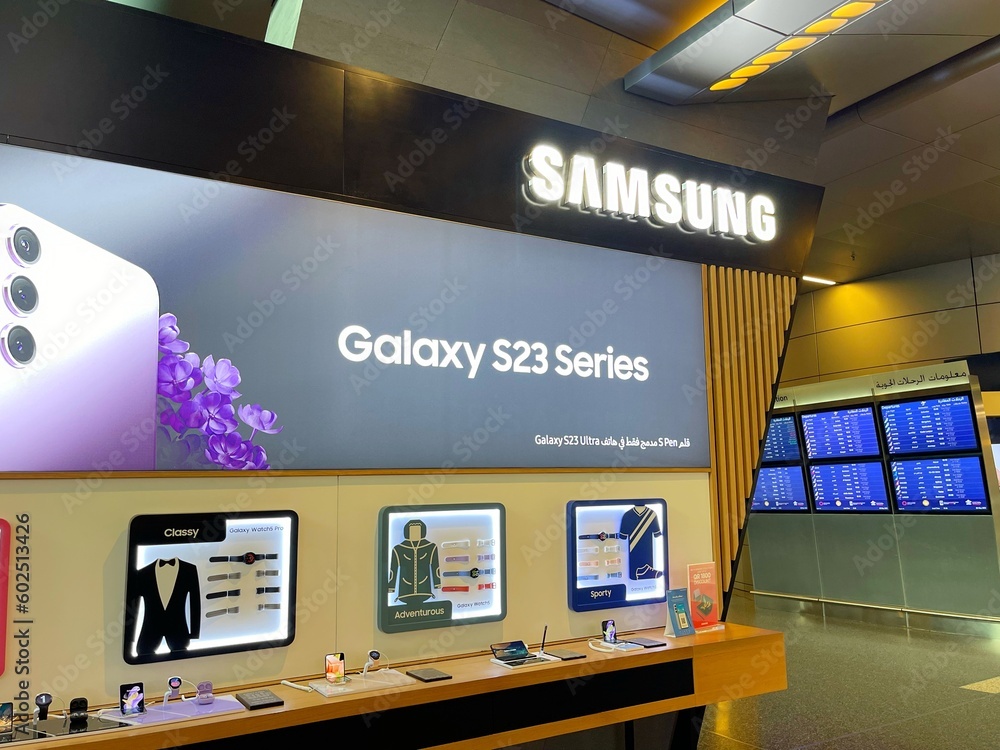 Samsung electronics store at Doha International Airport, Qatar. Duty ...