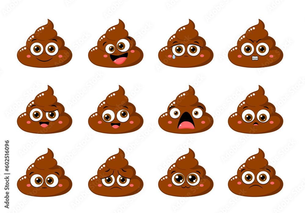 Collection of Cute funny poop with different mood. Set of cartoon poo ...