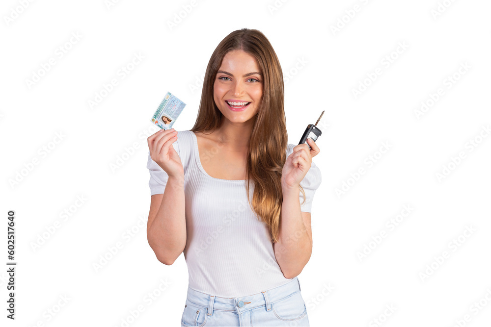 Blonde Brazilian woman holding motor vehicle driver's license and car ...
