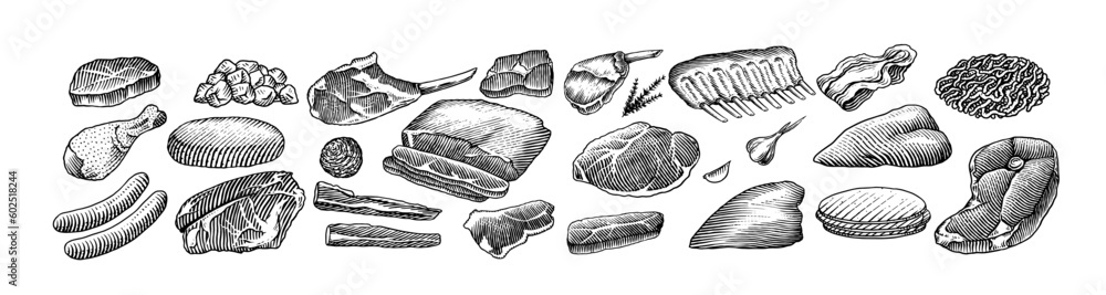 Red meat products. Veal beef, ribs, Bacon, jamon, mortadella, lamb beef ...