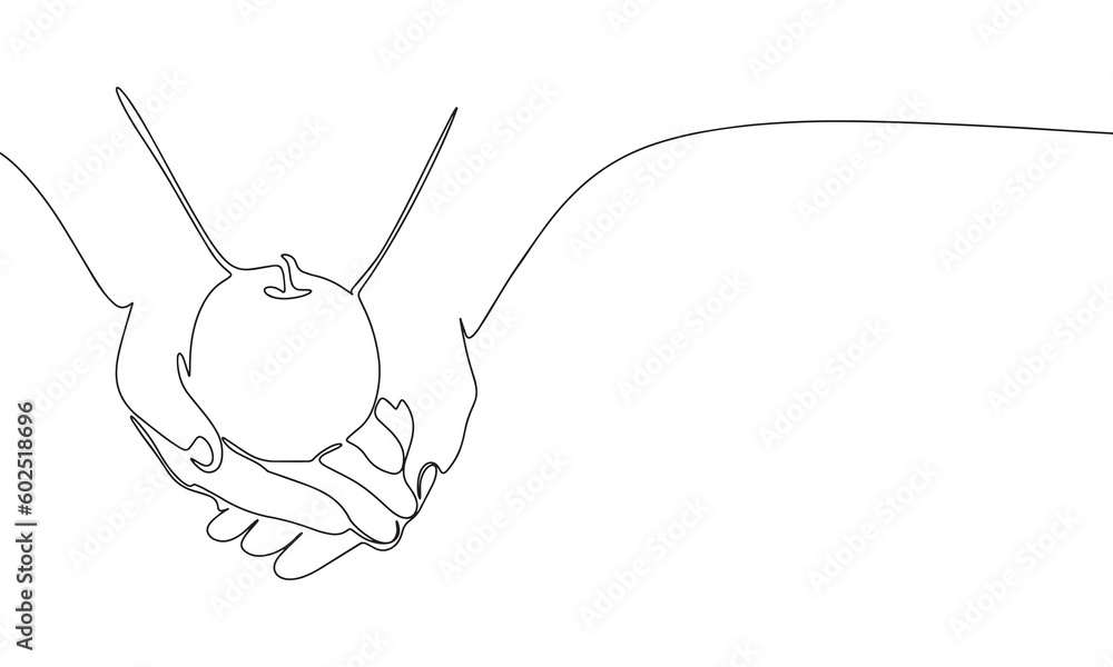 One continuous line illustration of apple in hands. Continuous line ...
