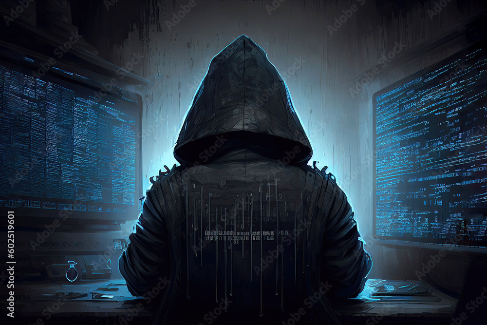 Hakcer doing illegal coding on computer screens (Generative AI) Stock ...