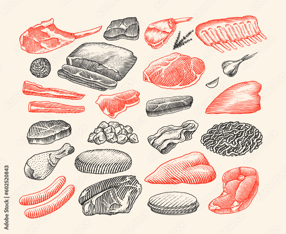 Red meat products. Veal beef, ribs, Bacon, jamon, mortadella, lamb beef ...