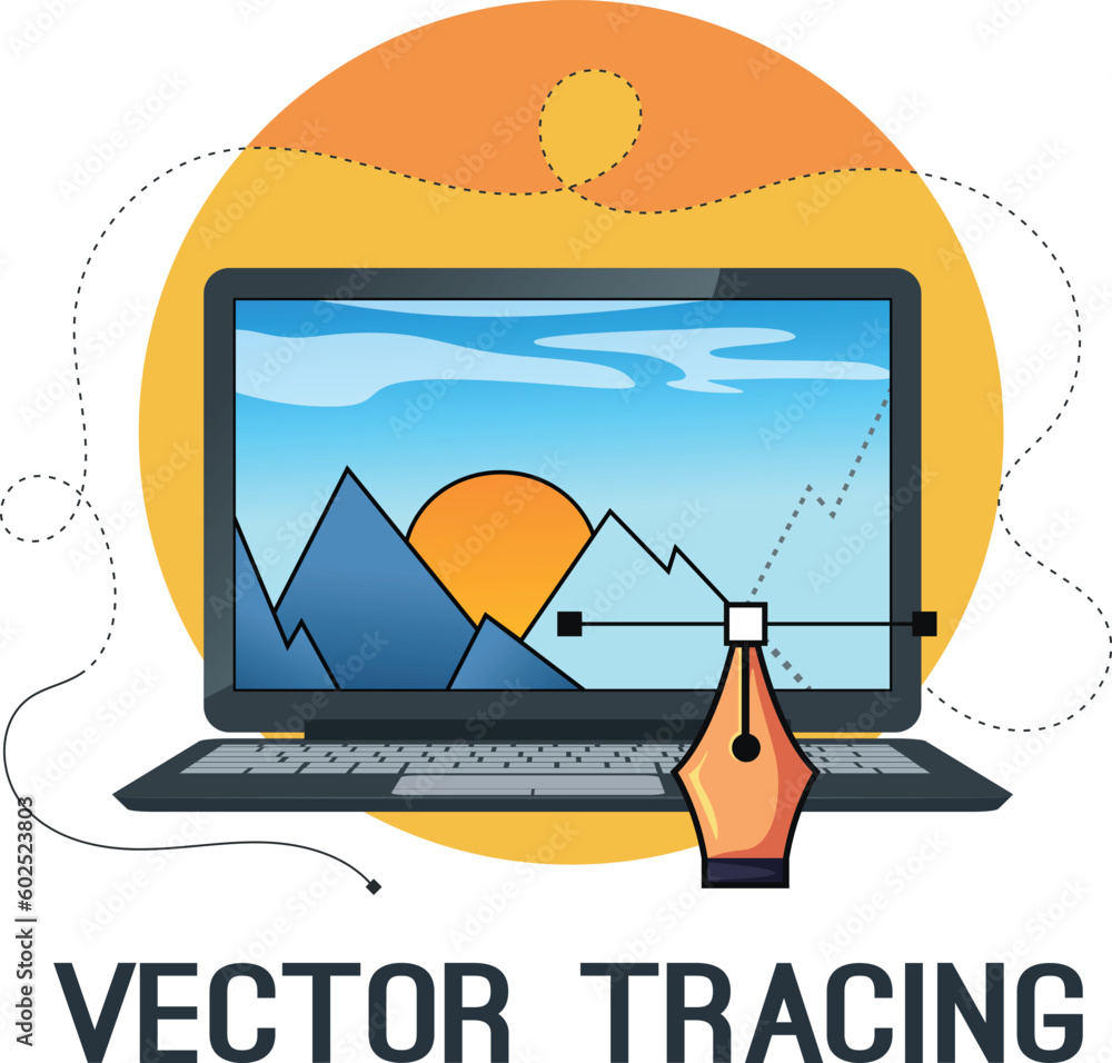 Vector tracing an incomplete landscape clipart with a pen tool showing ...