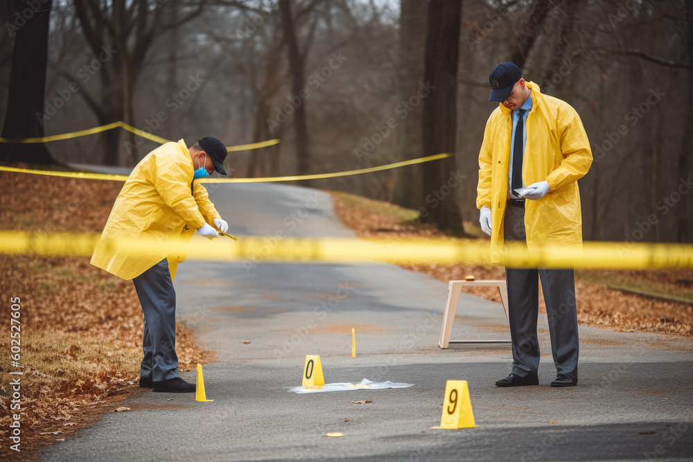 Detectives researching murder. Two detectives on crime scene searching ...