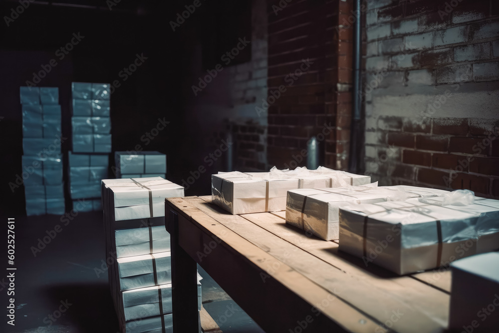 Cocaine warehouse illegal drug production. Criminal problems concept ...